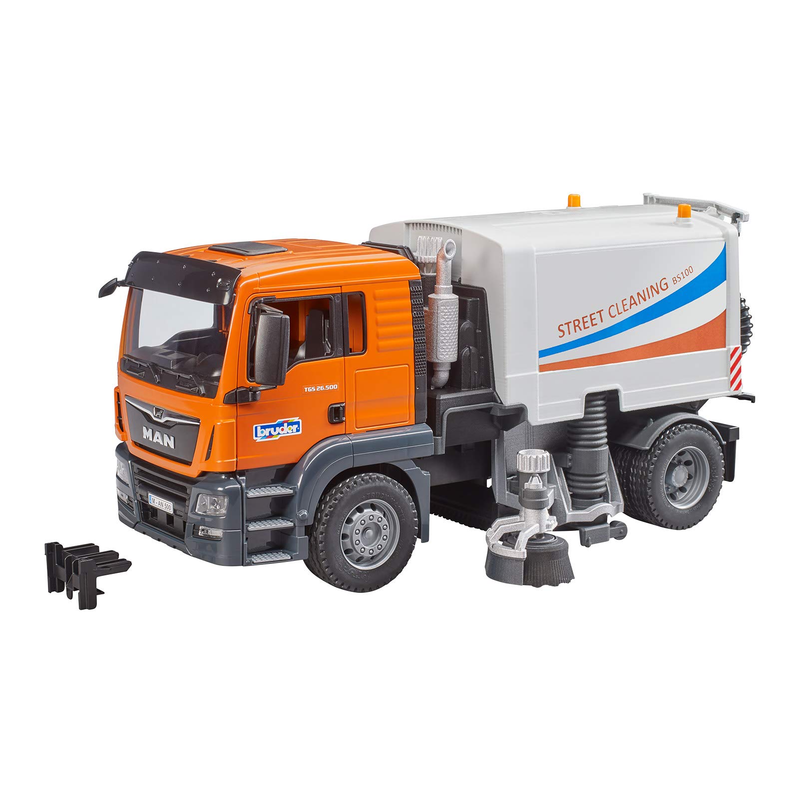 Bruder Toys - Commercial Realistic MAN TGS Street Sweeper Truck with Open-able Doors, Adjustable Brushes, and Flexible Hose - Ages 4+