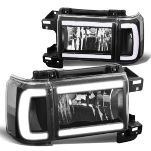 auto dynasty led drl headlight lamps compatible with ford f150 f250 f350 bronco 87-91, driver and passenger side, black housing clear corner