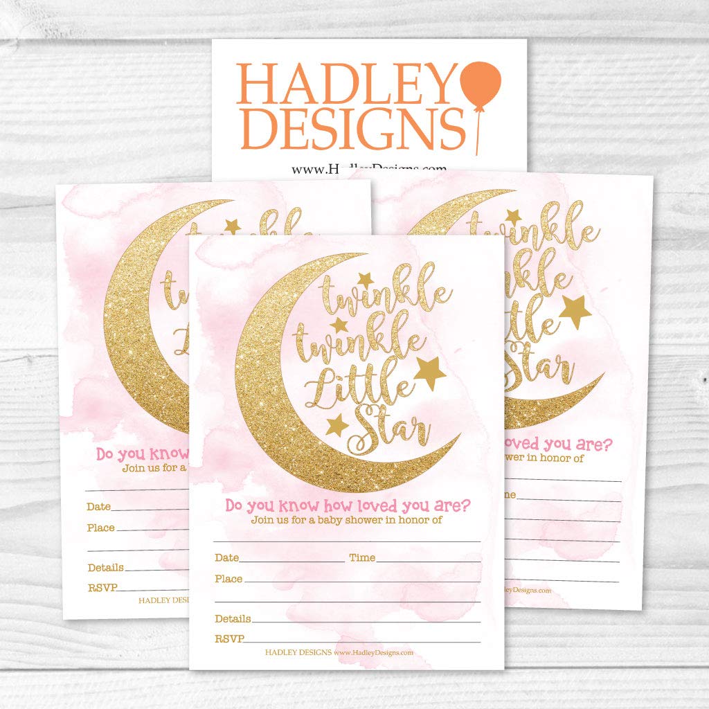 Hadley Designs 25 Twinkle Twinkle Girl Sprinkle Baby Shower Invitations For Girl, Coed Little Stars Gender Reveal Theme, Cute Moon Clouds DIY Fill In Blank Printable Card, Pink Gold Party Supplies