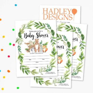 25 Greenery Woodland Baby Shower Invitations, Sprinkle Invite For Boy or Girl, Coed Rustic Gender Reveal Neutral Theme, Cute Deer Bunny Fill Write In Blank Printable Card, Animal Party DIY Supplies