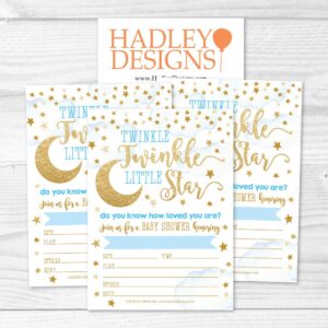 25 Twinkle Twinkle Boy Baby Shower Invitations, Sprinkle Invite For Boy, Coed Little Stars Gender Reveal Theme, Cute Moon Clouds DIY Fill or Write In Blank Printable Card, Blue Gold Party Supplies