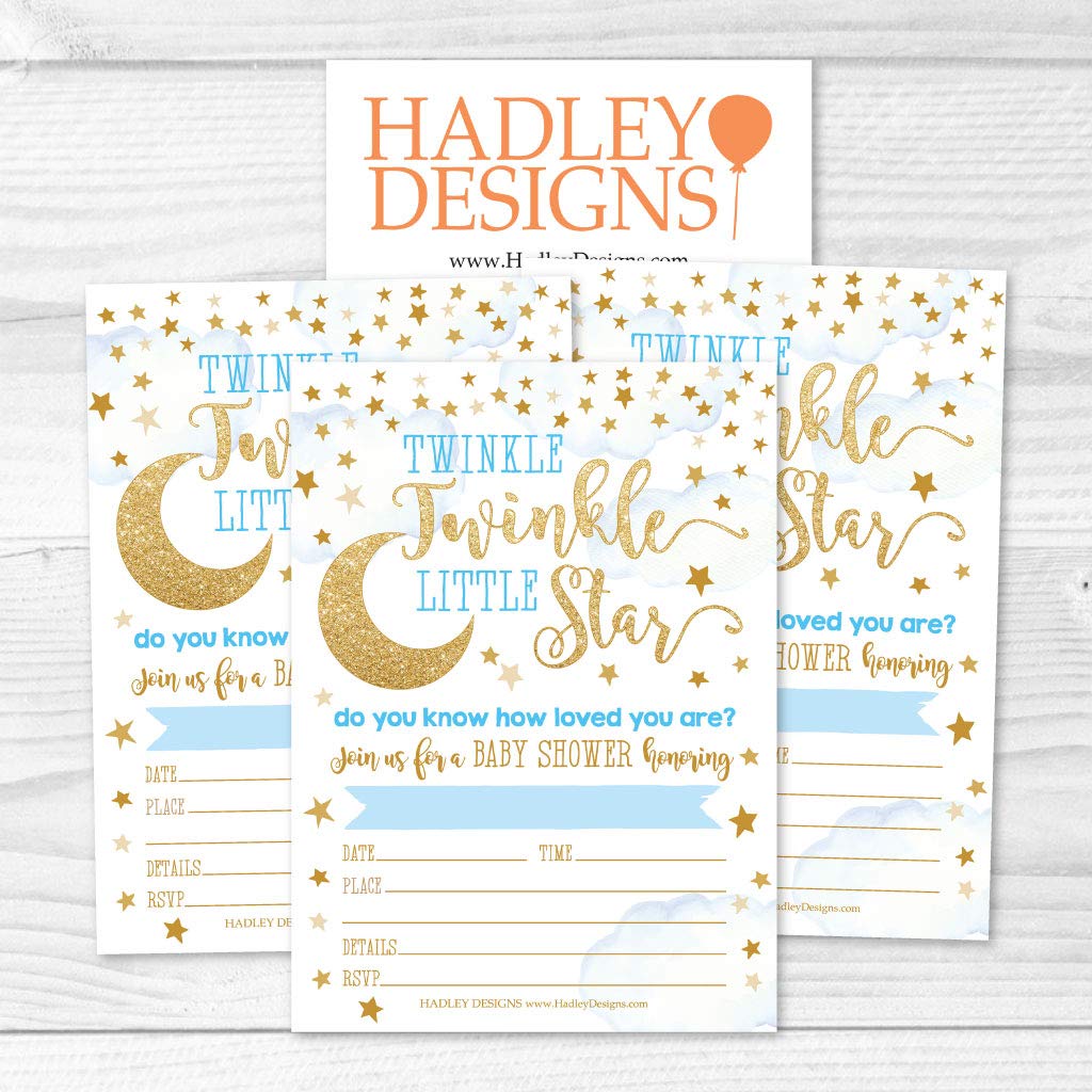 25 Twinkle Twinkle Boy Baby Shower Invitations, Sprinkle Invite For Boy, Coed Little Stars Gender Reveal Theme, Cute Moon Clouds DIY Fill or Write In Blank Printable Card, Blue Gold Party Supplies