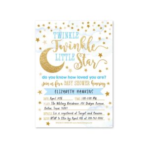 25 Twinkle Twinkle Boy Baby Shower Invitations, Sprinkle Invite For Boy, Coed Little Stars Gender Reveal Theme, Cute Moon Clouds DIY Fill or Write In Blank Printable Card, Blue Gold Party Supplies