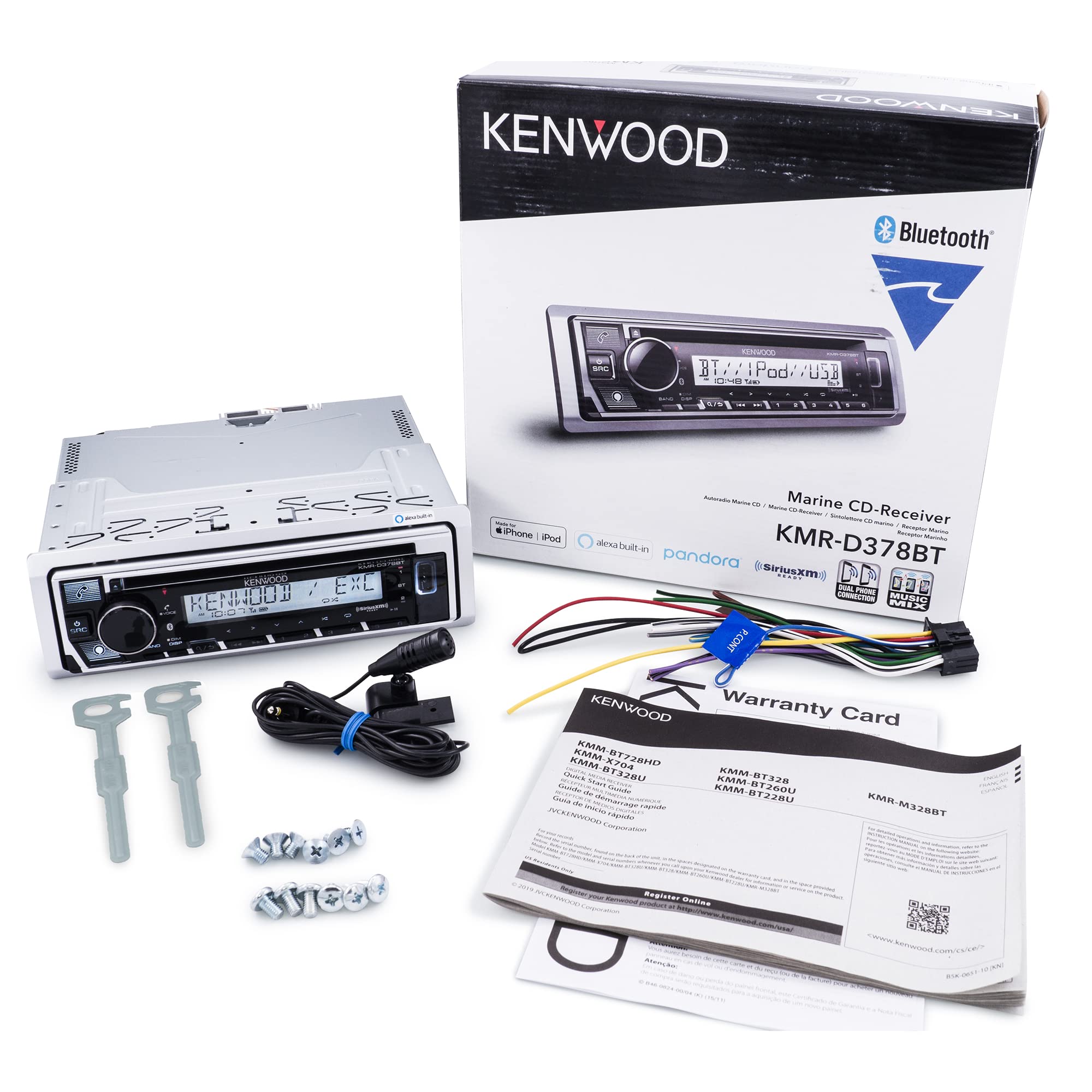 Kenwood KMR-D378BT Marine/Motorsports CD AM/FM Radio, Bluetooth, Amazon Alexa Compatible, SiriusXM Ready, Wireless Streaming - Pandora & Spotify, USB and AUX Input, Variable Color Display