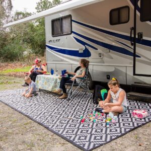 Mountain Mat Premium RV Patio Mat Size 8' x 16' Made from Recycled Plastic for Camping - Thick 5 mm Heavy Duty, Waterproof, Reversible Rugs Recycled Polypropylene (8' x 16', Black)