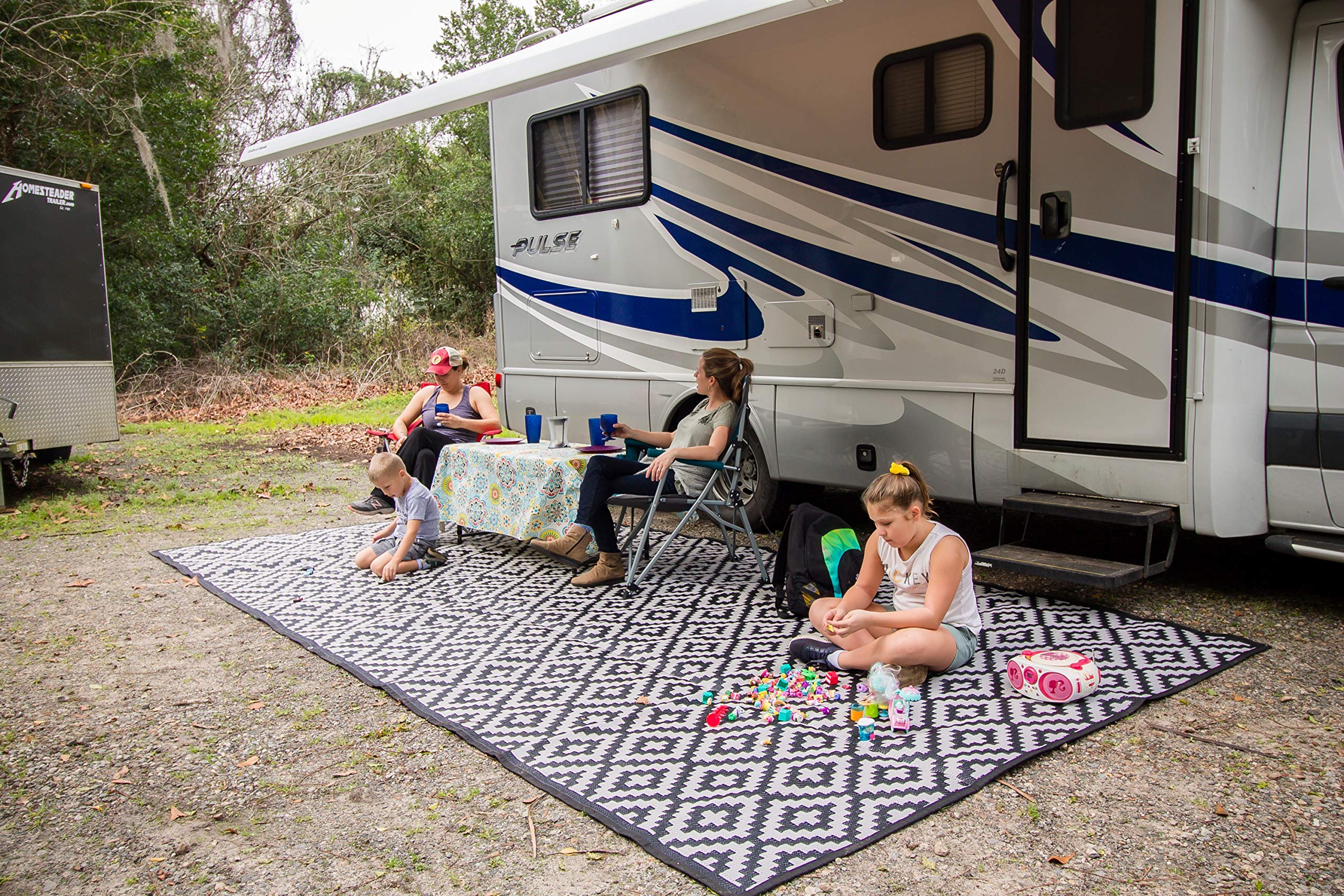 Mountain Mat Premium RV Patio Mat Size 8' x 16' Made from Recycled Plastic for Camping - Thick 5 mm Heavy Duty, Waterproof, Reversible Rugs Recycled Polypropylene (8' x 16', Black)