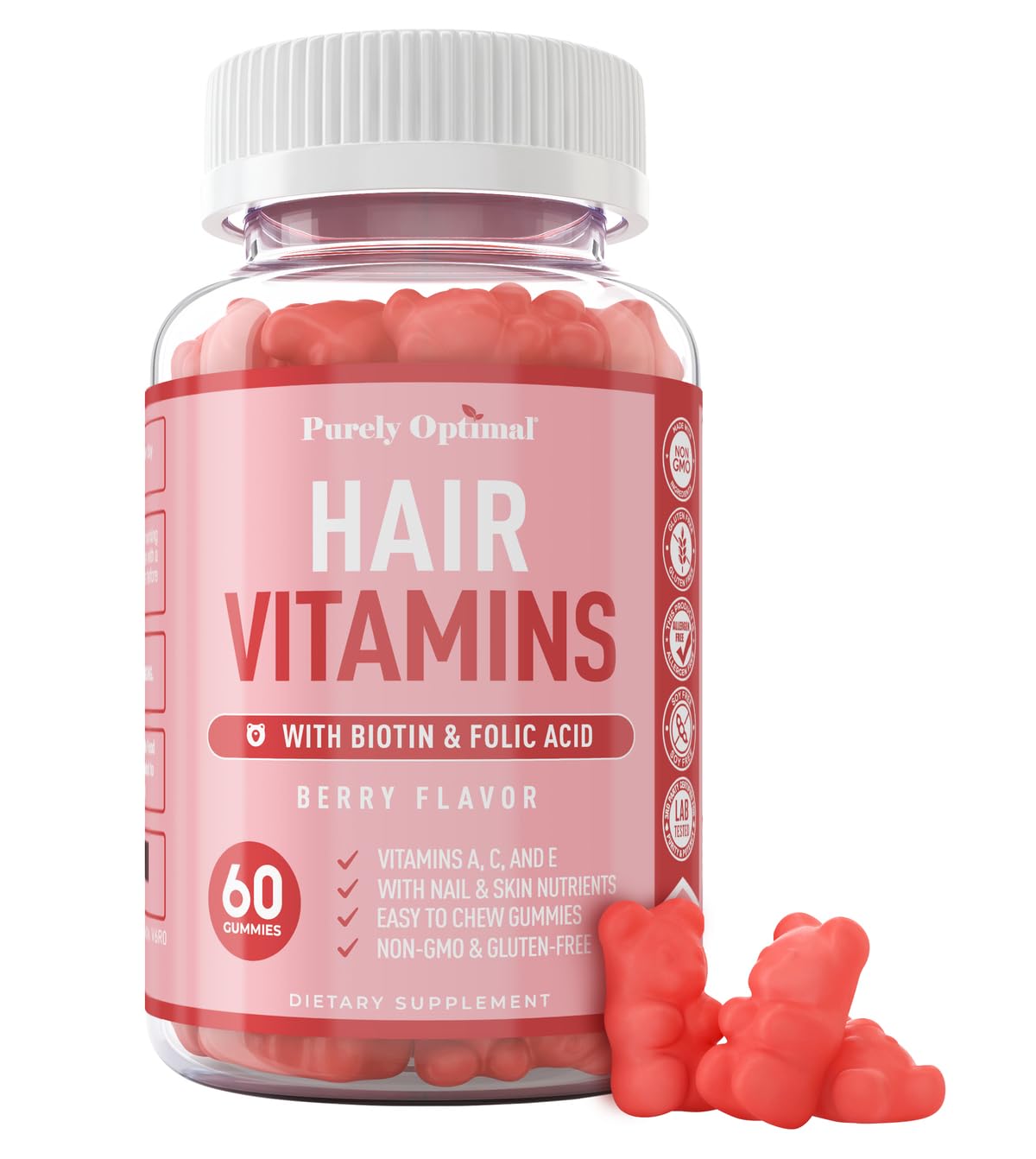 Premium Hair Vitamins Supplement-Gummy Vitamins w/Biotin, Folic Acid, Vitamins A&D-Supports Faster Hair Growth & Promotes Healthy Hair, Skin, & Nails-60 Non-GMO Berry Flavored Gummies