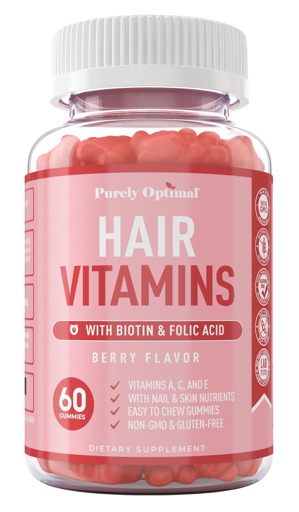 Premium Hair Vitamins Supplement-Gummy Vitamins w/Biotin, Folic Acid, Vitamins A&D-Supports Faster Hair Growth & Promotes Healthy Hair, Skin, & Nails-60 Non-GMO Berry Flavored Gummies