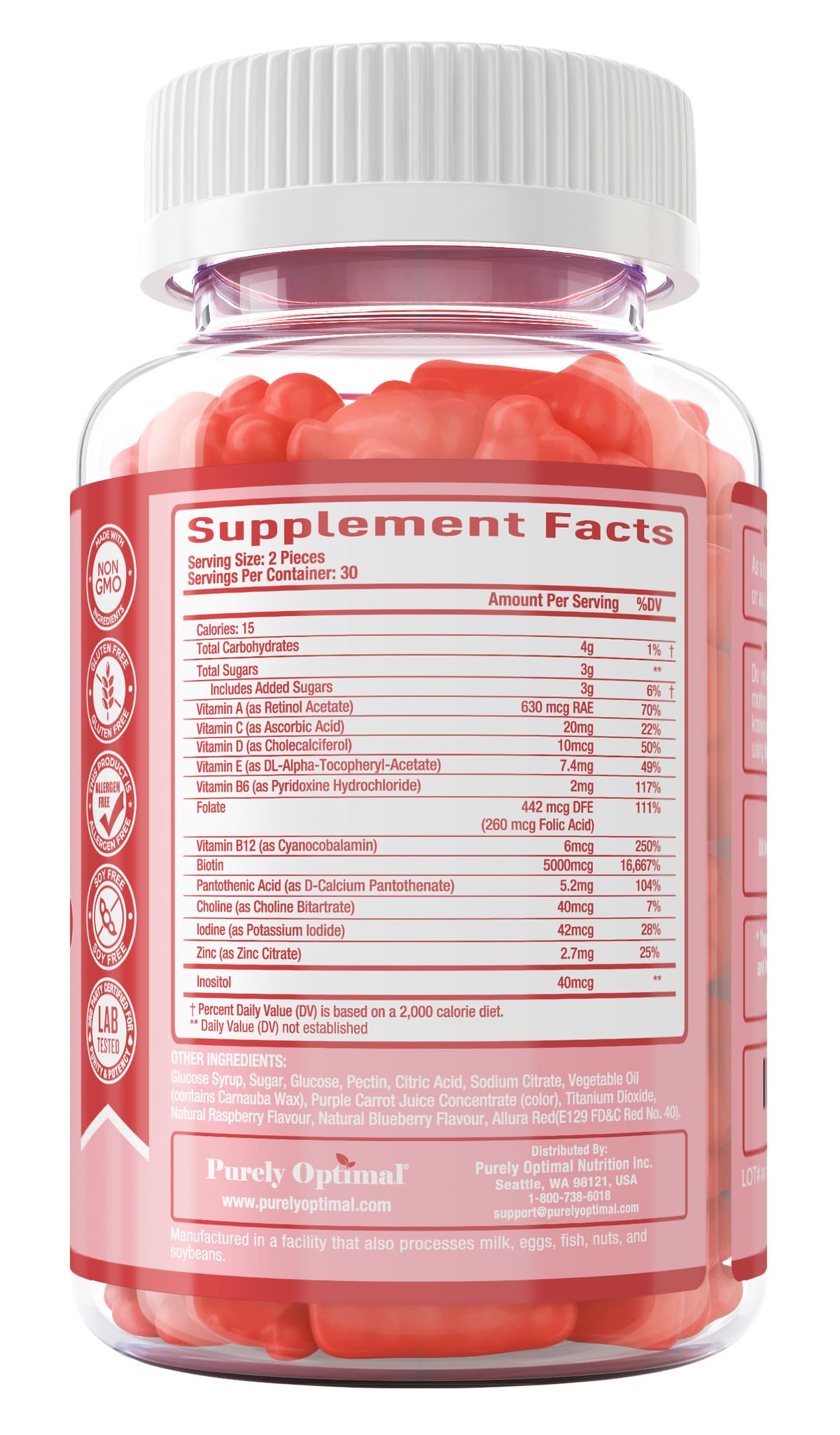 Premium Hair Vitamins Supplement-Gummy Vitamins w/Biotin, Folic Acid, Vitamins A&D-Supports Faster Hair Growth & Promotes Healthy Hair, Skin, & Nails-60 Non-GMO Berry Flavored Gummies