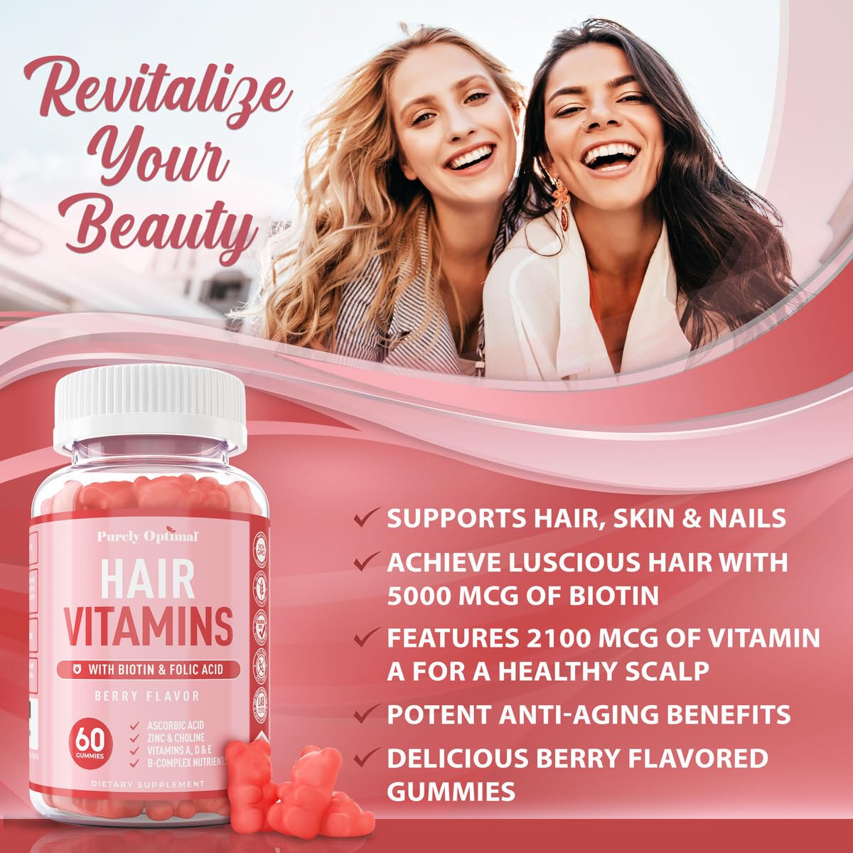 Premium Hair Vitamins Supplement-Gummy Vitamins w/Biotin, Folic Acid, Vitamins A&D-Supports Faster Hair Growth & Promotes Healthy Hair, Skin, & Nails-60 Non-GMO Berry Flavored Gummies