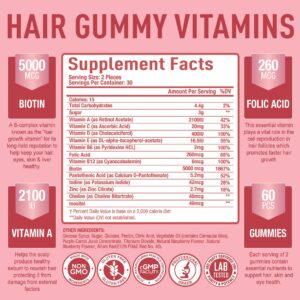 Premium Hair Vitamins Supplement-Gummy Vitamins w/Biotin, Folic Acid, Vitamins A&D-Supports Faster Hair Growth & Promotes Healthy Hair, Skin, & Nails-60 Non-GMO Berry Flavored Gummies