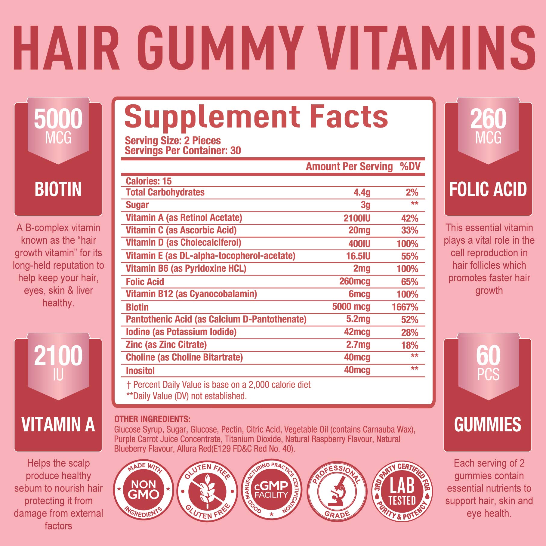 Premium Hair Vitamins Supplement-Gummy Vitamins w/Biotin, Folic Acid, Vitamins A&D-Supports Faster Hair Growth & Promotes Healthy Hair, Skin, & Nails-60 Non-GMO Berry Flavored Gummies