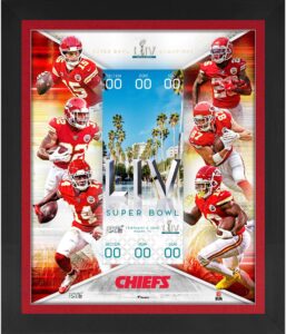 sports memorabilia kansas city chiefs framed 23" x 27" super bowl liv champions floating ticket collage - nfl team plaques and collages