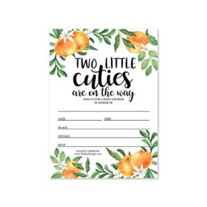 25 two little cuties baby shower invitations, sprinkle invite for boy or girl twins, coed garden gender reveal neutral theme, cute boho fill or write in blank printable card, floral party diy supplies