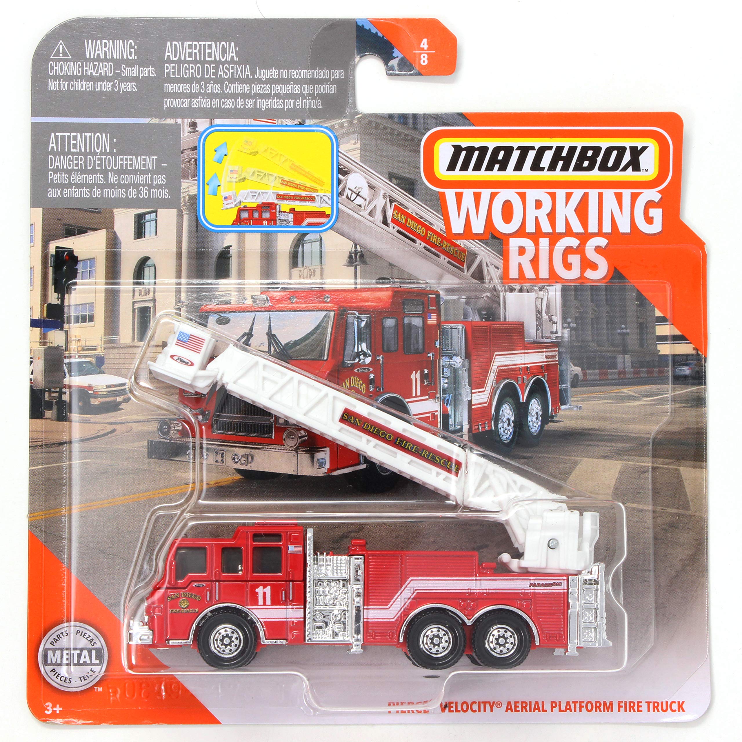 Matchbox Working Rigs San Diego Fire Rescue Pierce Velocity Aerial Platform Fire Truck, Red