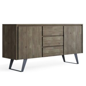 simplihome lowry solid acacia wood and metal 60 inch wide rectangle modern industrial sideboard buffet in distressed grey, for the dining room and kitchen