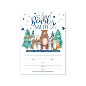 25 can bearly wait baby shower invitations, sprinkle invite for boy, coed rustic gender reveal neutral theme, cute woodland fill or write in blank printable card, deer animals party diy supplies