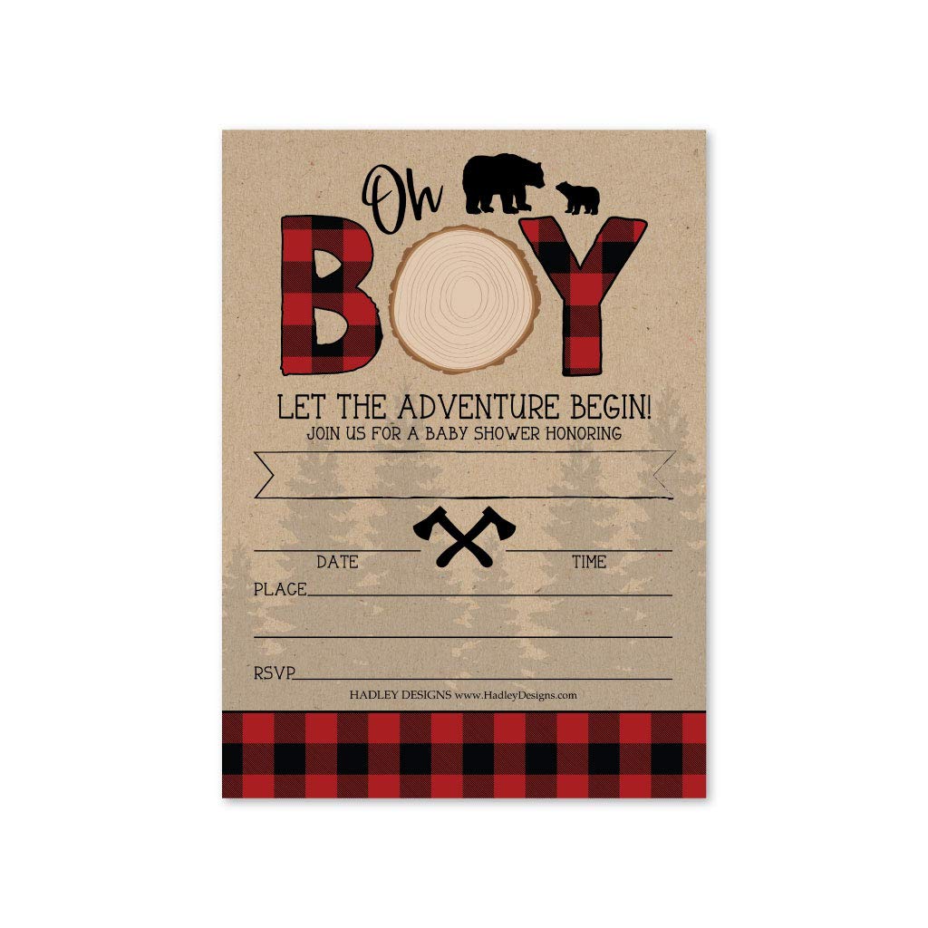 25 Lumberjack Bear Baby Shower Invitations, Sprinkle Invite For Boy, Coed Rustic Gender Reveal Theme, Cute Woodland Adventure DIY Fill or Write In Blank Printable Card, Animal Forest Party Supplies