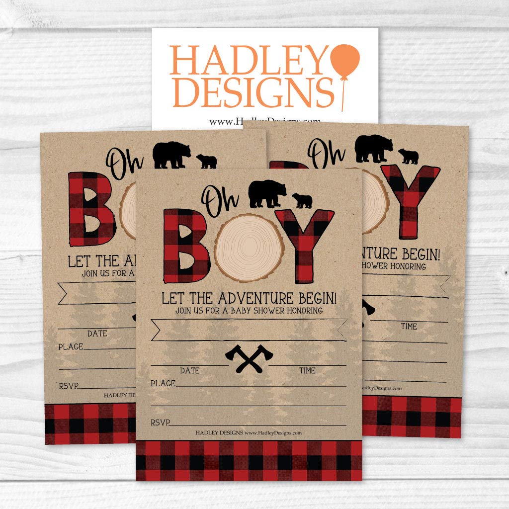 25 Lumberjack Bear Baby Shower Invitations, Sprinkle Invite For Boy, Coed Rustic Gender Reveal Theme, Cute Woodland Adventure DIY Fill or Write In Blank Printable Card, Animal Forest Party Supplies