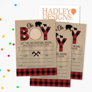 25 Lumberjack Bear Baby Shower Invitations, Sprinkle Invite For Boy, Coed Rustic Gender Reveal Theme, Cute Woodland Adventure DIY Fill or Write In Blank Printable Card, Animal Forest Party Supplies