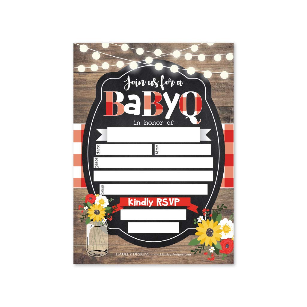 25 Babyq Baby Shower Invitations, Sprinkle Invite For Boy or Girl, Coed Rustic Barbeque Gender Neutral Reveal Theme, Cute Fill or Write In Blank Printable Card, Country Sunflower Party DIY Supplies