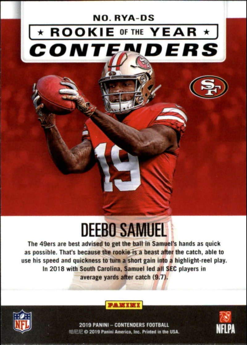 2019 NFL Contenders Rookie of the Year Contenders #13 Deebo Samuel San Francisco 49ers RC Rookie Official Panini Football Trading Card