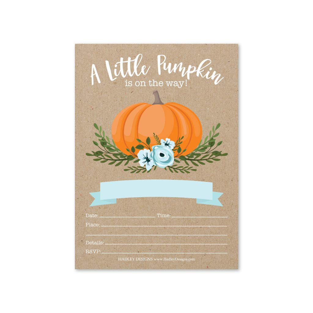 25 Pumpkin Blue Baby Shower Invitations, Sprinkle Invite For Boy, Coed Rustic Gender Reveal Theme, Cute Autumn Kraft Floral DIY Fill or Write In Blank Printable Card, Greenery Rose Party Supplies