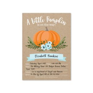 25 Pumpkin Blue Baby Shower Invitations, Sprinkle Invite For Boy, Coed Rustic Gender Reveal Theme, Cute Autumn Kraft Floral DIY Fill or Write In Blank Printable Card, Greenery Rose Party Supplies