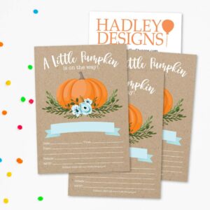 25 Pumpkin Blue Baby Shower Invitations, Sprinkle Invite For Boy, Coed Rustic Gender Reveal Theme, Cute Autumn Kraft Floral DIY Fill or Write In Blank Printable Card, Greenery Rose Party Supplies