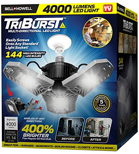 TRIBURST Aluminum LED Garage Lights 6500K 4000 Lumen – Adjustable Ceiling Lights, Ultra Bright Lighting with 144 Bulbs and Multi-Directional Triple Panel for Indoor, Bedroom, Living Room