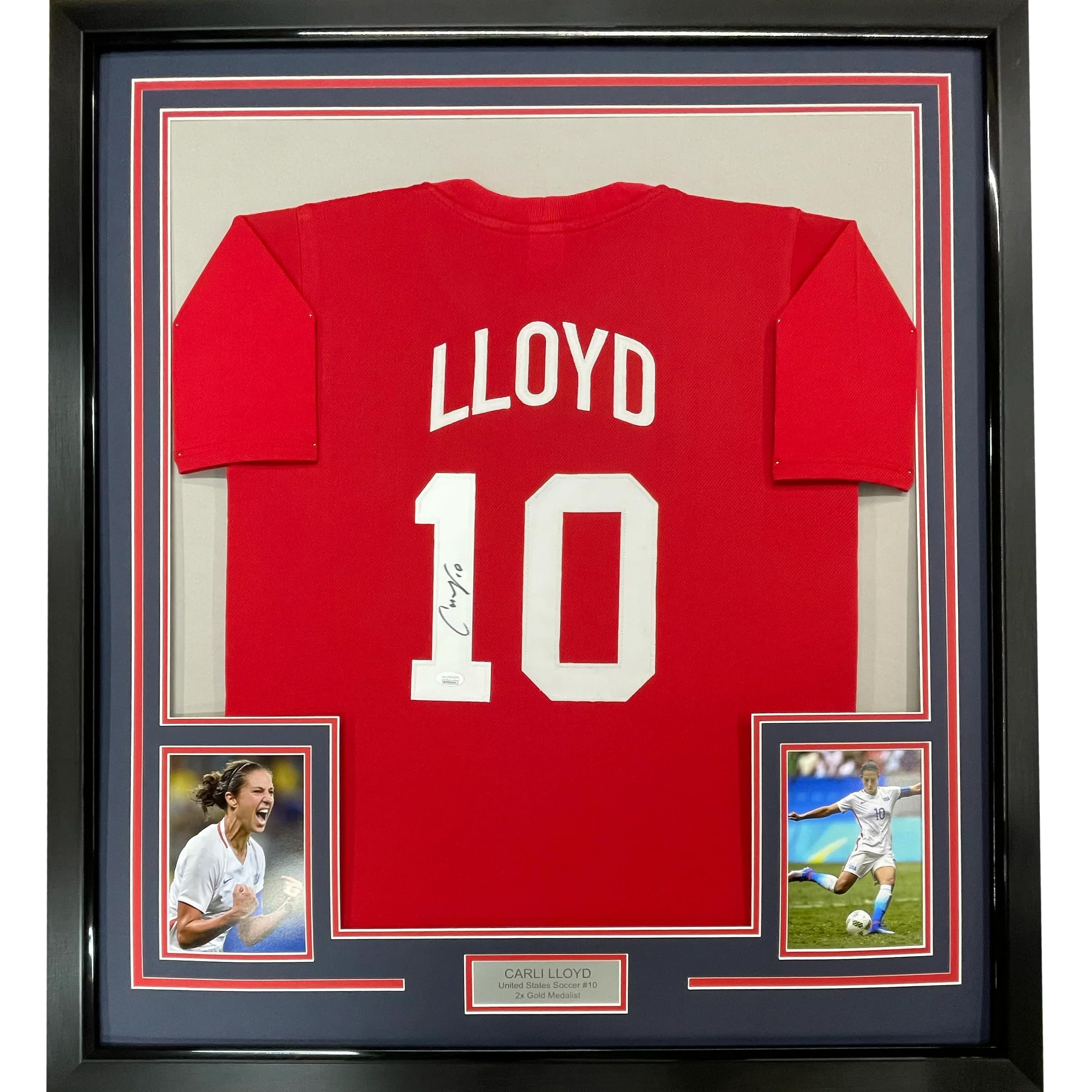 Framed Autographed/Signed Carli Lloyd 33x42 Red Soccer Team USA World Cup Jersey JSA COA