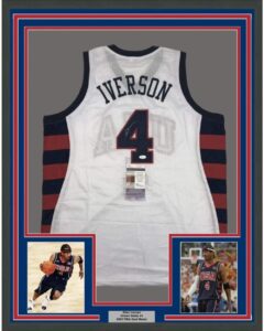 framed autographed/signed allen iverson 33x42 united states usa white olympics basketball jersey jsa coa