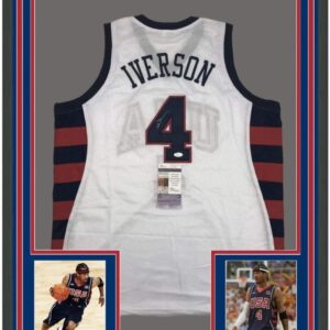 Framed Autographed/Signed Allen Iverson 33x42 United States USA White Olympics Basketball Jersey JSA COA