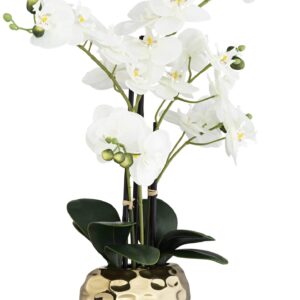 Dahlia Studios Potted Faux Artificial Flowers Realistic White Phalaenopsis Orchid in Silver Gold Ceramic Pot Home Decoration Living Room Office Bedroom Bathroom Kitchen Dining Room 23" High