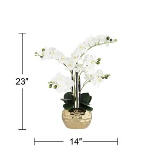 Dahlia Studios Potted Faux Artificial Flowers Realistic White Phalaenopsis Orchid in Silver Gold Ceramic Pot Home Decoration Living Room Office Bedroom Bathroom Kitchen Dining Room 23" High