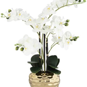 Dahlia Studios Potted Faux Artificial Flowers Realistic White Phalaenopsis Orchid in Silver Gold Ceramic Pot Home Decoration Living Room Office Bedroom Bathroom Kitchen Dining Room 23" High