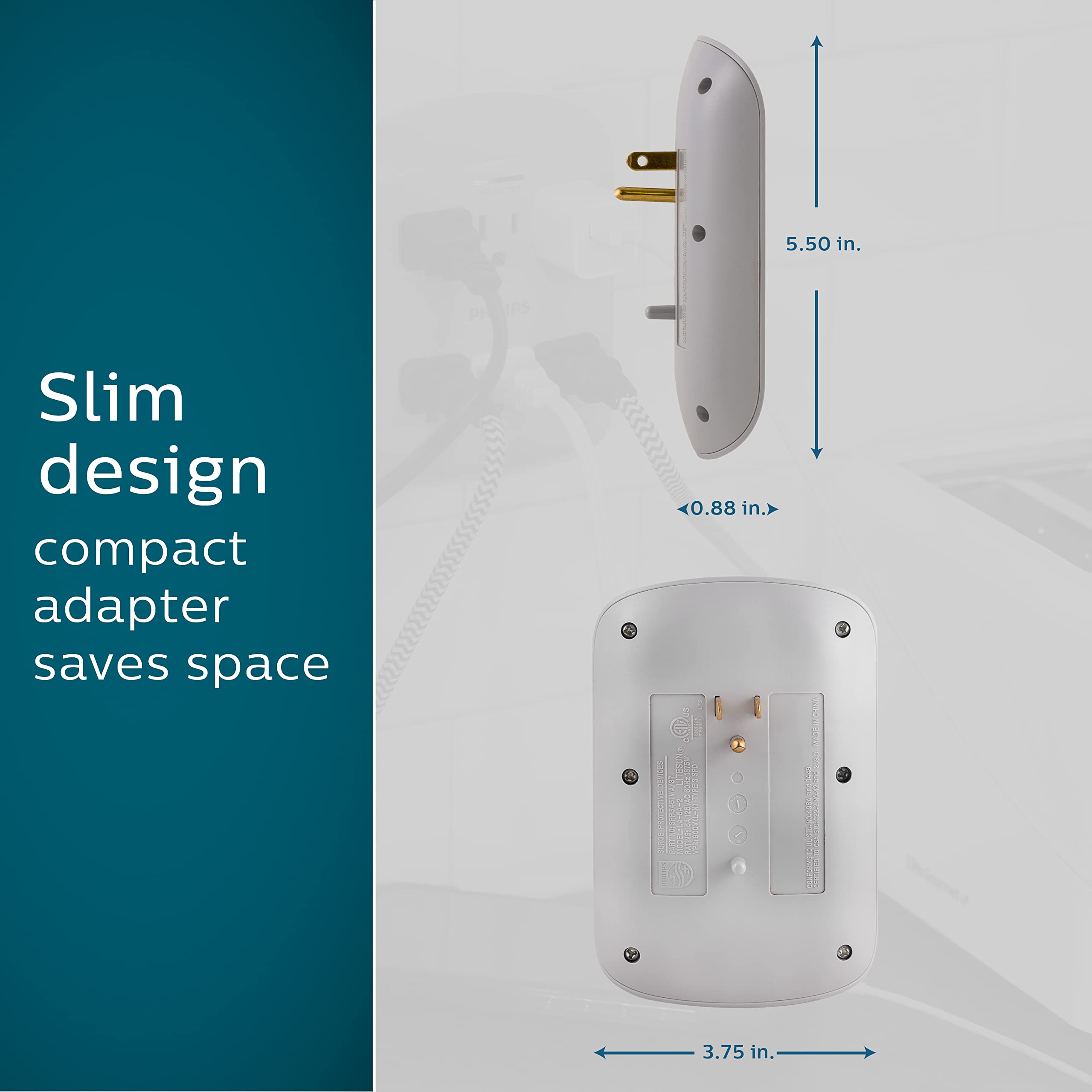 Philips 6-Outlet Extender Surge Protector, 900 Joules, 3-Prong, Space Saving Design, Protection Indicator LED Light, 4 Pack, Grey, SPP3469GR/37