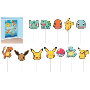 pokemon multicolor selfie scene - 59" x 65" backdrop with props - pack of 16 - fun & interactive design - ultimate party fun for pokemon fans