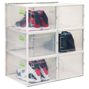 shoepreem white large 6 pack - 14.6 inches long for big shoes & sneakers, shoe storage organizer, shoe storage boxes, shoe box clear plastic stackable, shoe containers, shoe organizer for closet