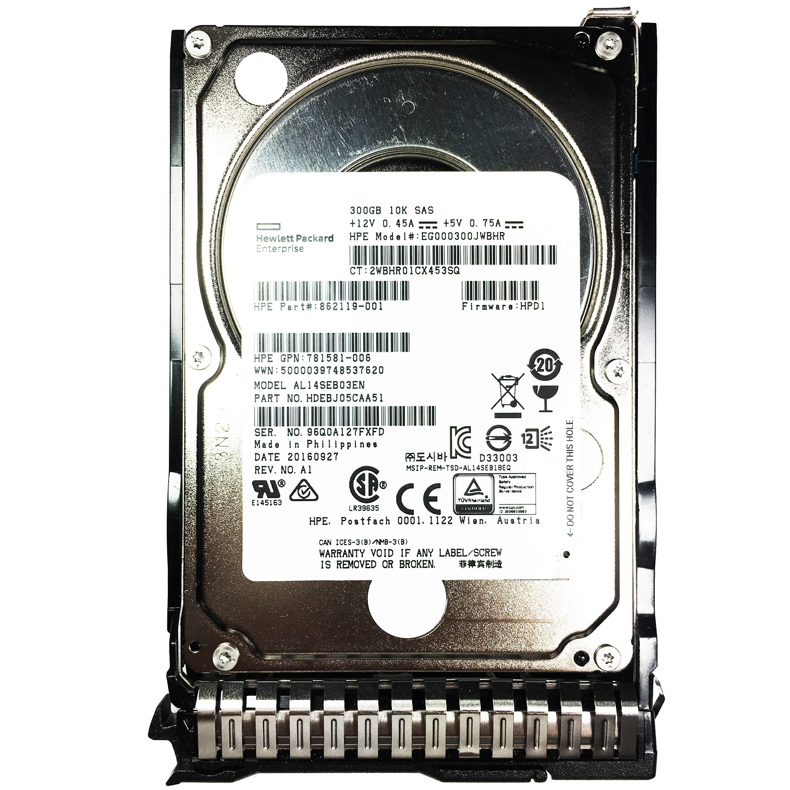 HPE 300GB EG000300JWBHR 862119-001 781581-006 AL14SEB03EN HDEBJ05CAA51 SAS 2.5" SFF with HPE Tray