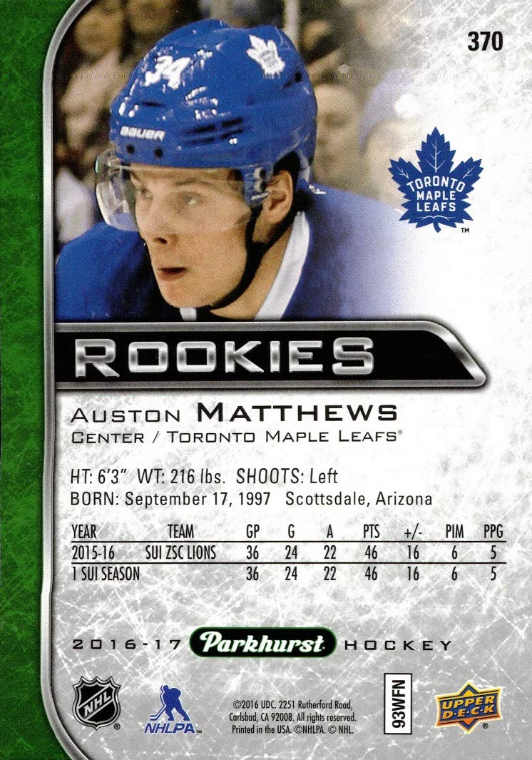 2016-17 Upper Deck Parkhurst Hockey #370 Auston Matthews Rookie Card