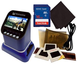 wolverine f2d saturn digital film & slide scanner - converts 120 medium format, 127 film, microfiche, 35mm negatives & slides to digital - 4.3" lcd, 16gb sd card, z-cloth & hdmi cable included (blue)