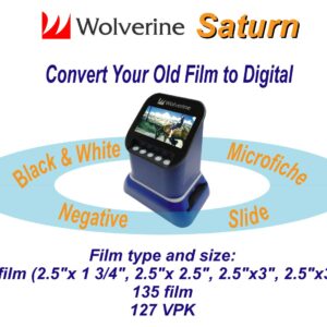 Wolverine F2D Saturn Digital Film & Slide Scanner - Converts 120 Medium Format, 127 Film, Microfiche, 35mm Negatives & Slides to Digital - 4.3" LCD, 16GB SD Card, Z-Cloth & HDMI Cable Included (Blue)