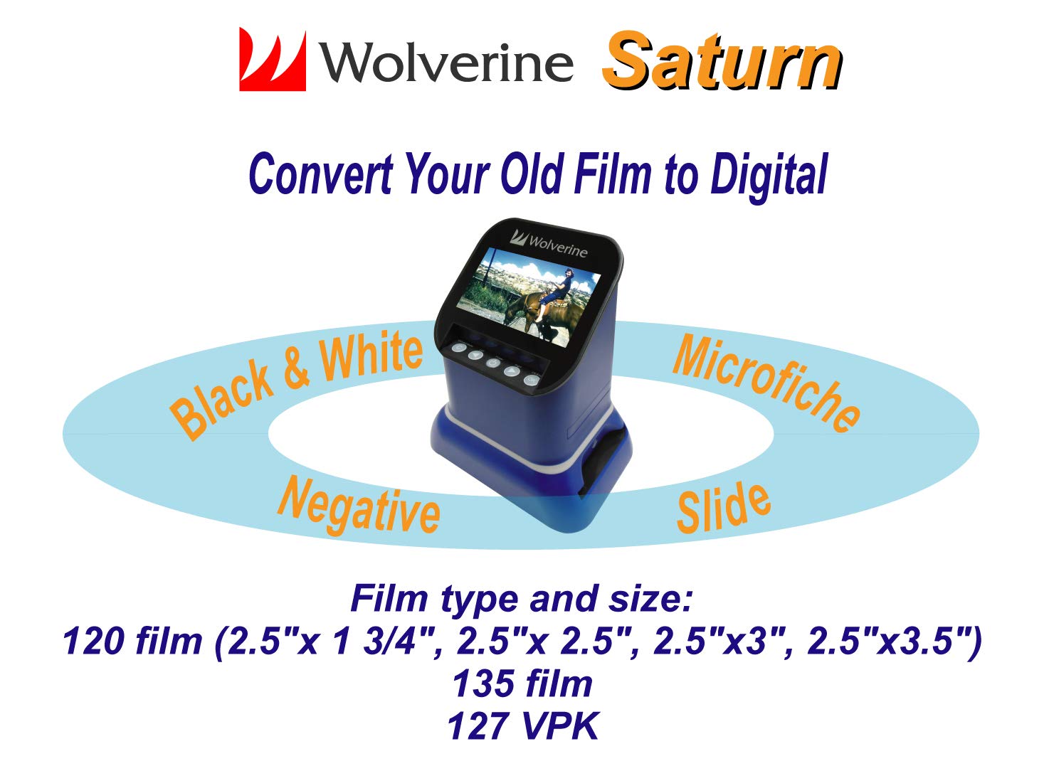 Wolverine F2D Saturn Digital Film & Slide Scanner - Converts 120 Medium Format, 127 Film, Microfiche, 35mm Negatives & Slides to Digital - 4.3" LCD, 16GB SD Card, Z-Cloth & HDMI Cable Included (Blue)