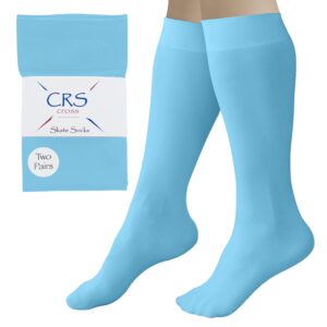 crs cross figure skating socks (2 pair) premium knee high tights for ice skates, footed skate socks, ice skating socks, dance (bracket blue)