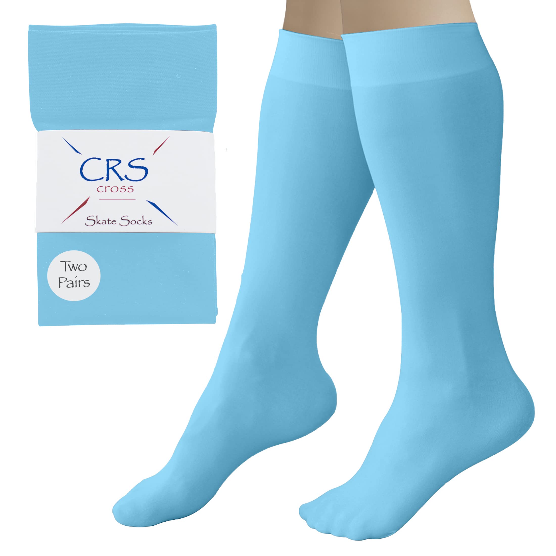 CRS Cross Figure Skating Socks (2 Pair) Premium Knee High Tights for Ice Skates, Footed Skate Socks, Ice Skating Socks, Dance (Bracket Blue)