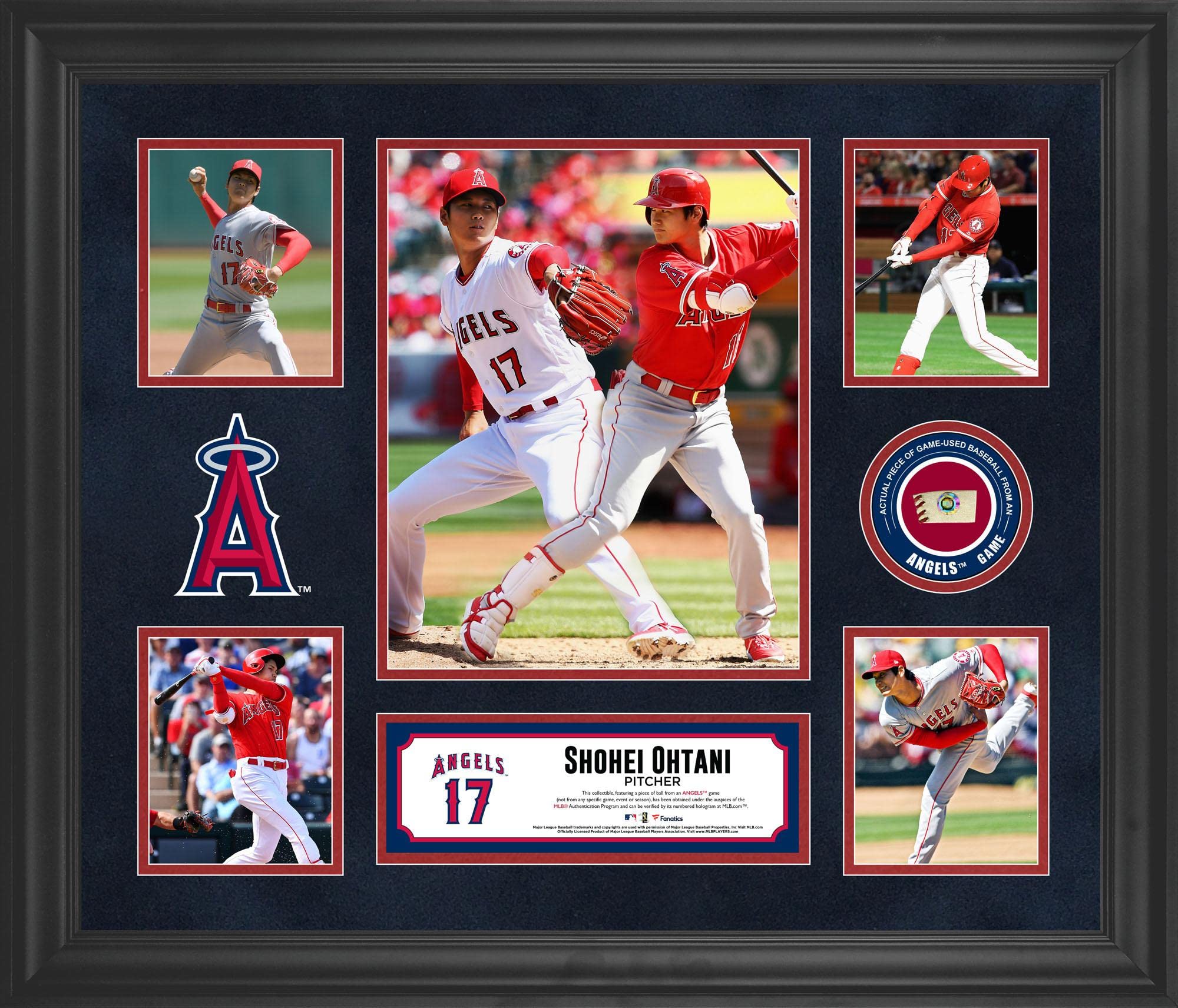 Sports Memorabilia Shohei Ohtani Los Angeles Angels Framed 5-Photo Collage with a Piece of Game-Used Baseball - MLB Player Plaques and Collages