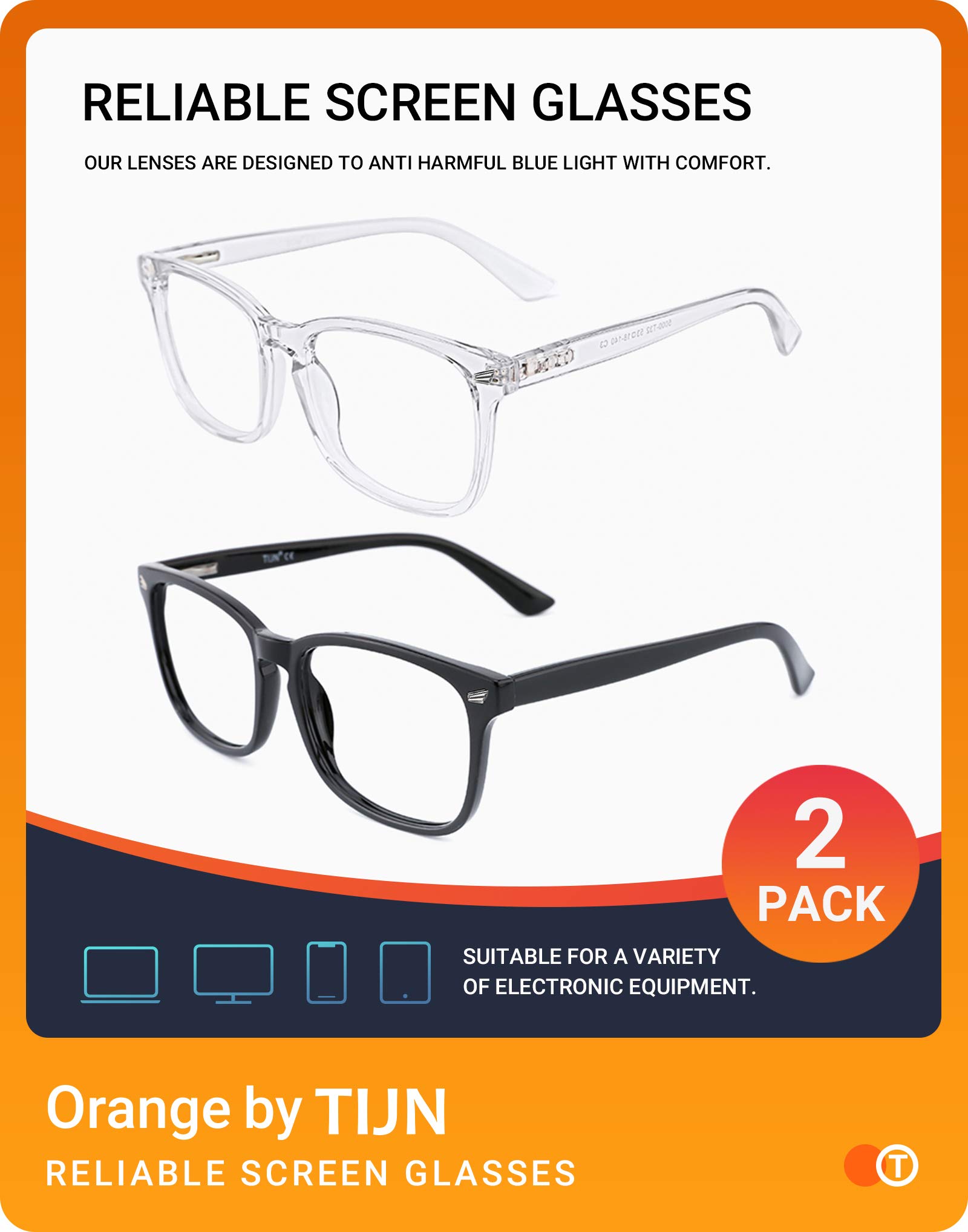 TIJN 2 Pack Blue Light Blocking Glasses, Computer Reading/Gaming/TV/Phones Glasses for Women Men,Anti Eyestrain & UV Glare