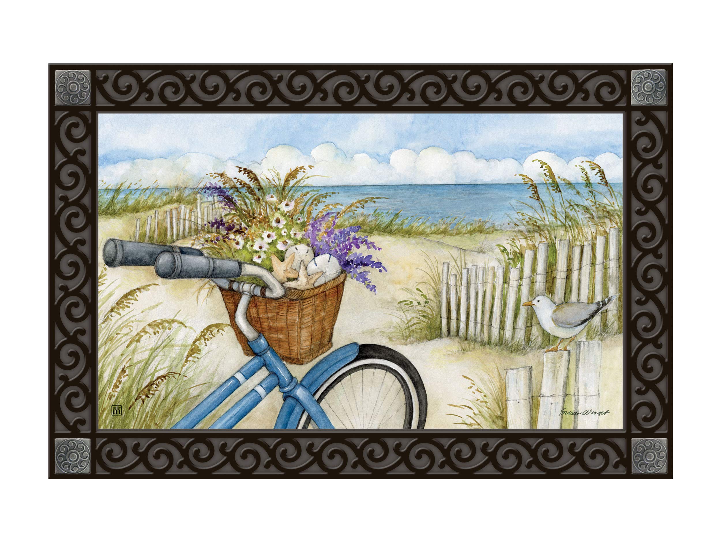 Studio M MatMates Beach Bike Decorative Floor Mat Indoor or Outdoor Doormat with Eco-Friendly Recycled Rubber Backing, 18 x 30 Inches