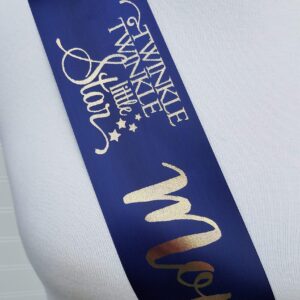 Amy's Bubbling Boutique, Inc. Twinkle Little Star Baby Shower Mommy Banner Sash & Daddy to Be Pin Navy & Gold Gift Set